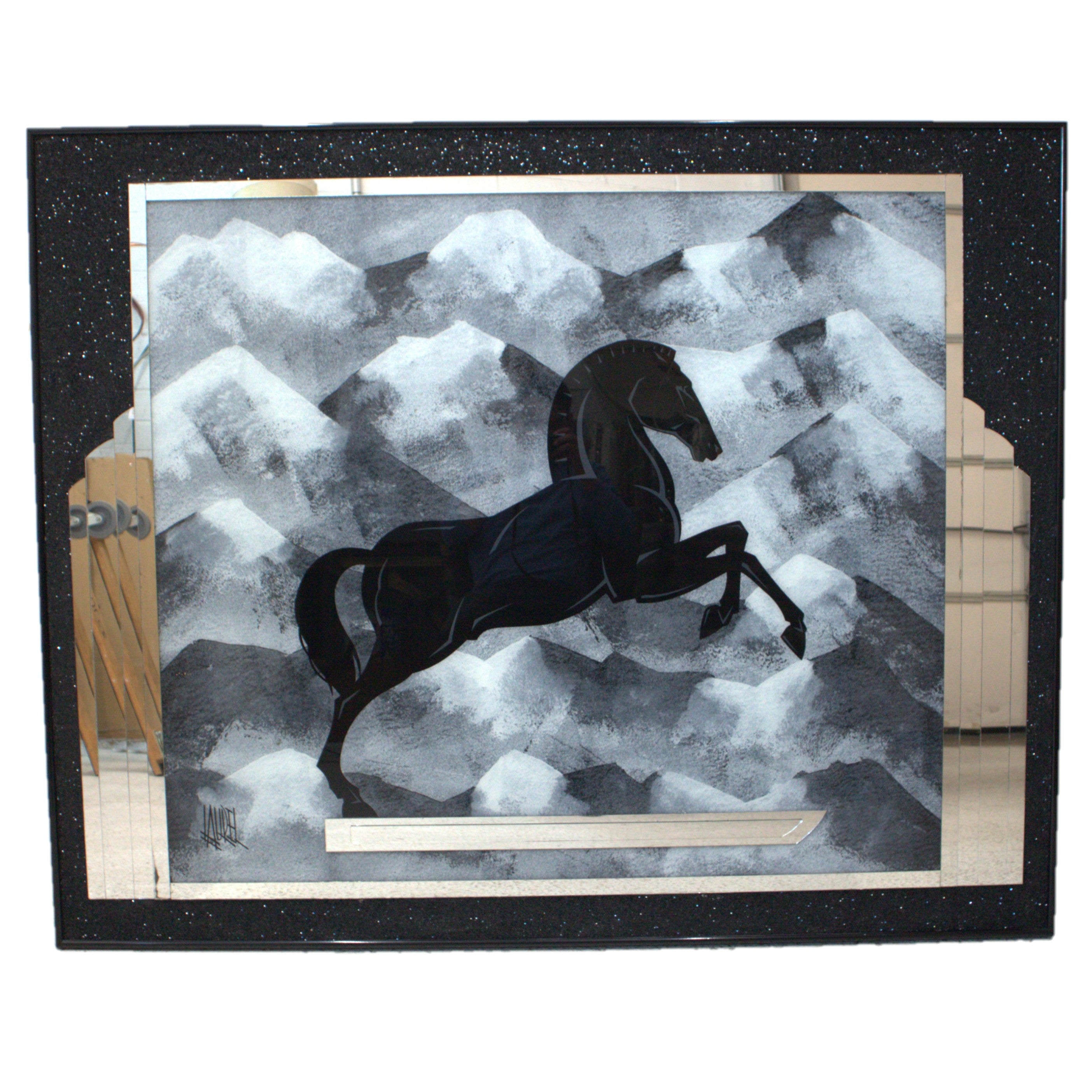 Framed Mixed Media Deco Mirror w/ Black Stallion – Dulce Interior ...